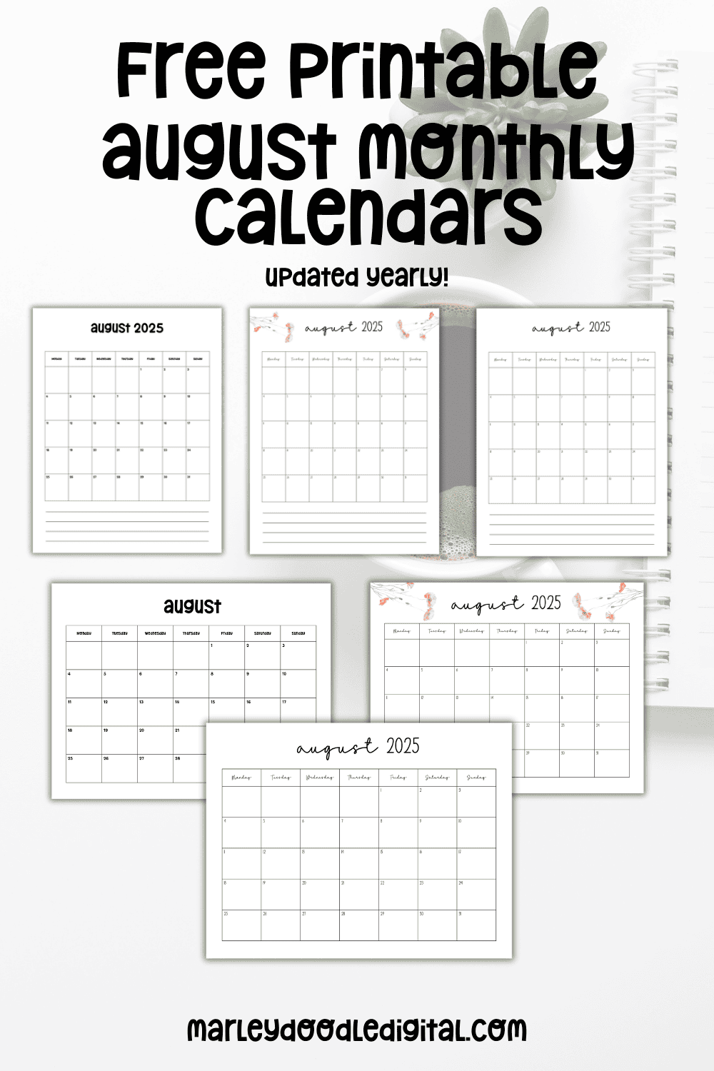 August Monthly Calendar Printables - Marley Doodle Digital