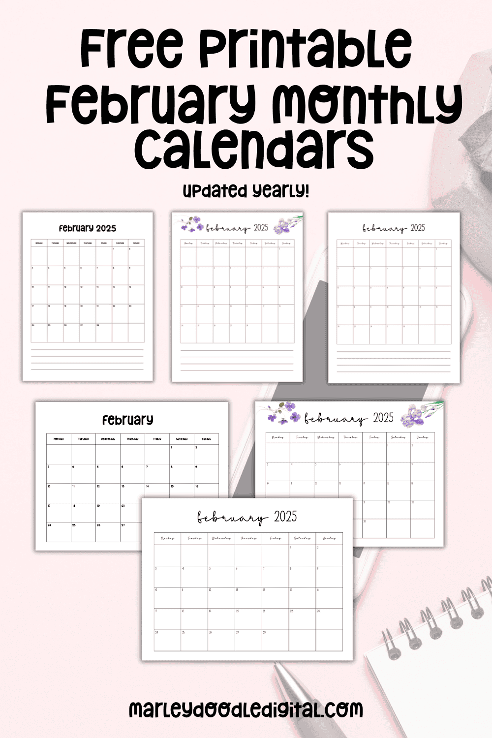 February Monthly Calendar Printables - Marley Doodle Digital