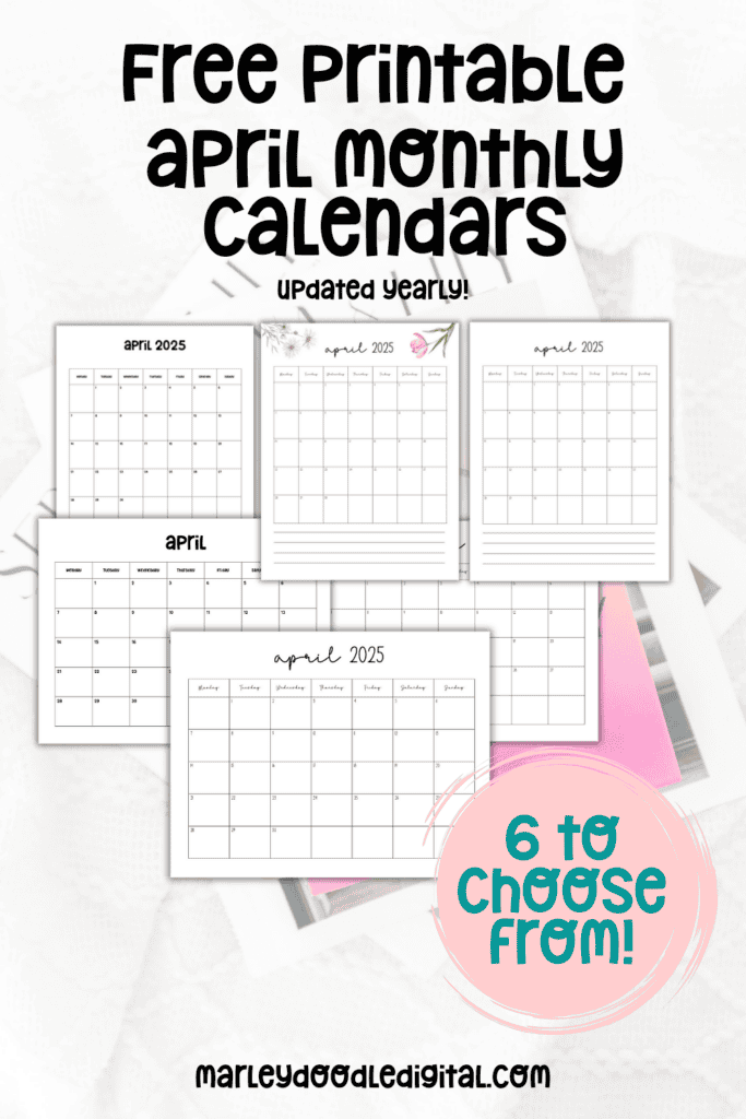 April Monthly Calendar Printables - Marley Doodle Digital