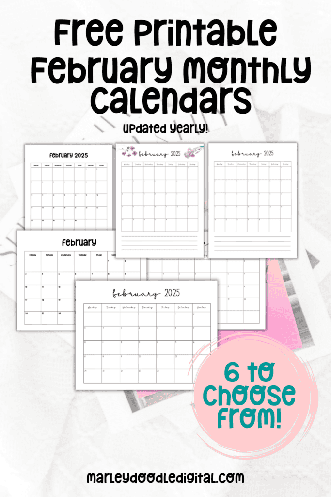 February Monthly Calendar Printables - Marley Doodle Digital