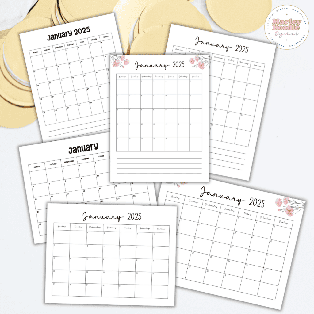 January Monthly Calendar Printables 2026 - Marley Doodle Digital