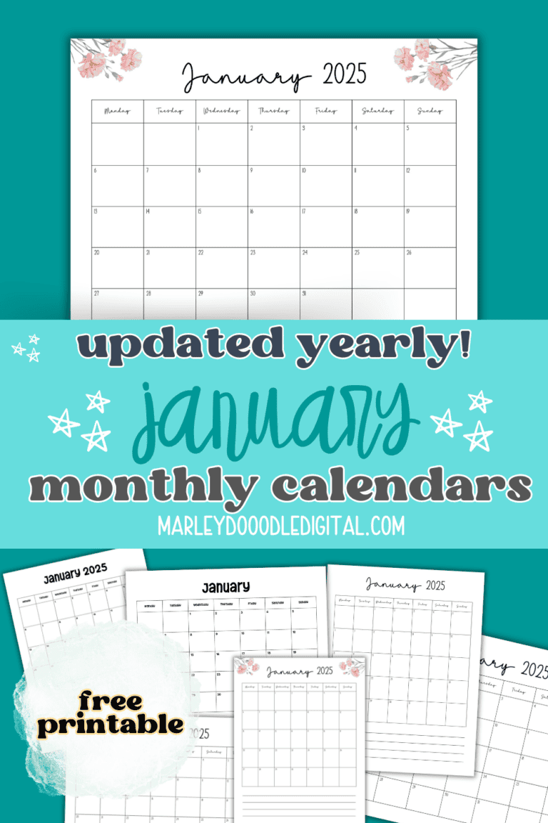 January Monthly Calendar Printables 2026 - Marley Doodle Digital