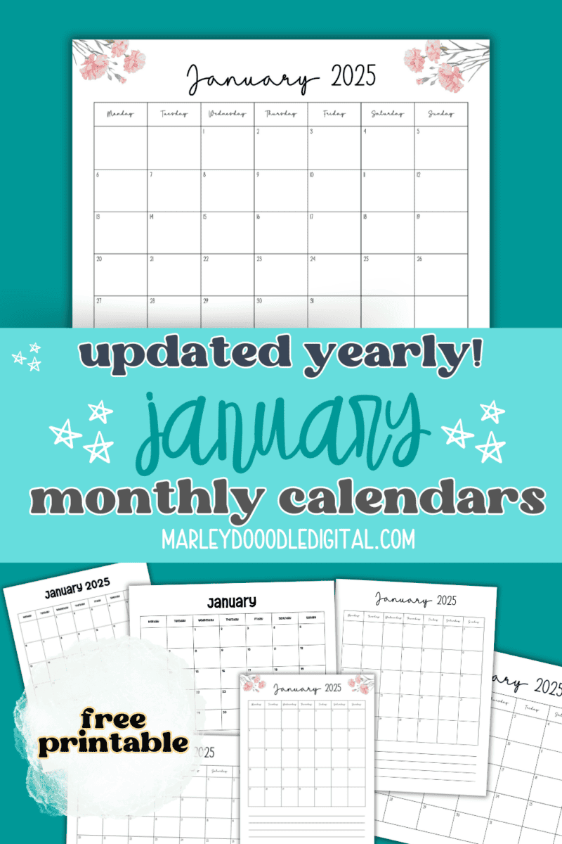 January Monthly Calendar Printables 2026 - Marley Doodle Digital