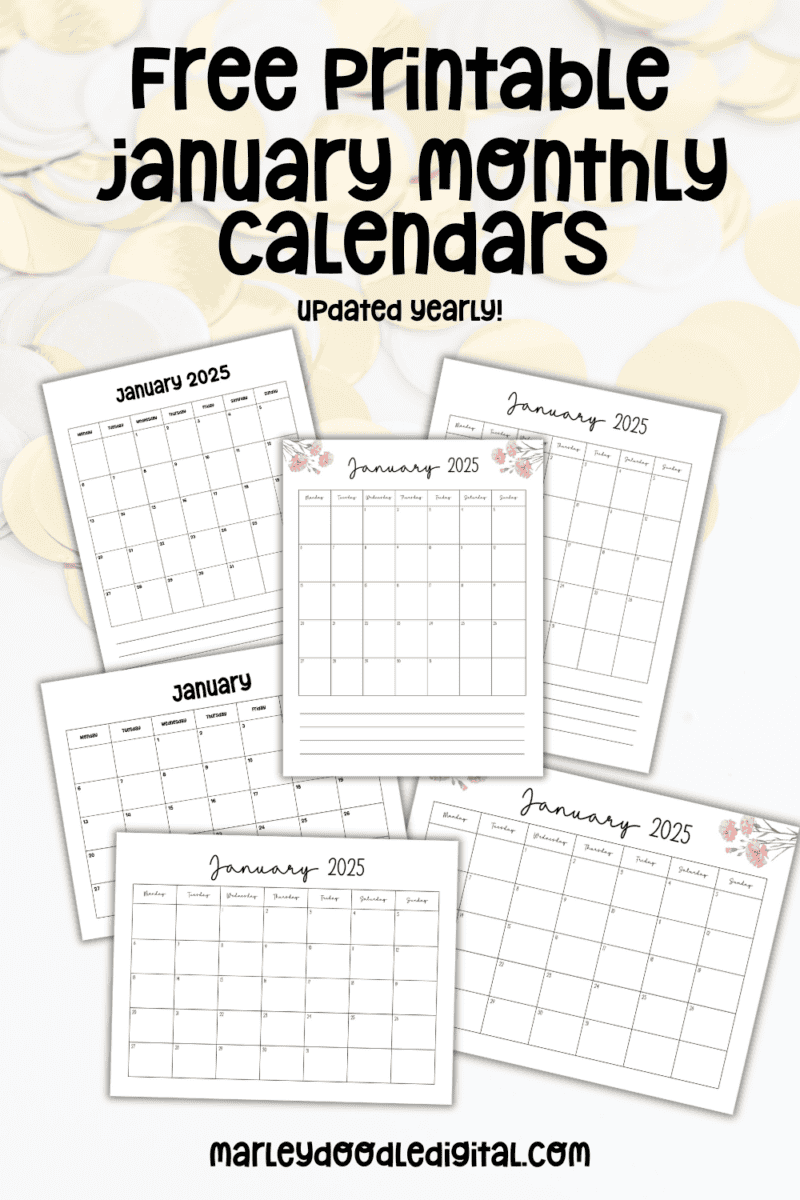 January Monthly Calendar Printables 2026 - Marley Doodle Digital
