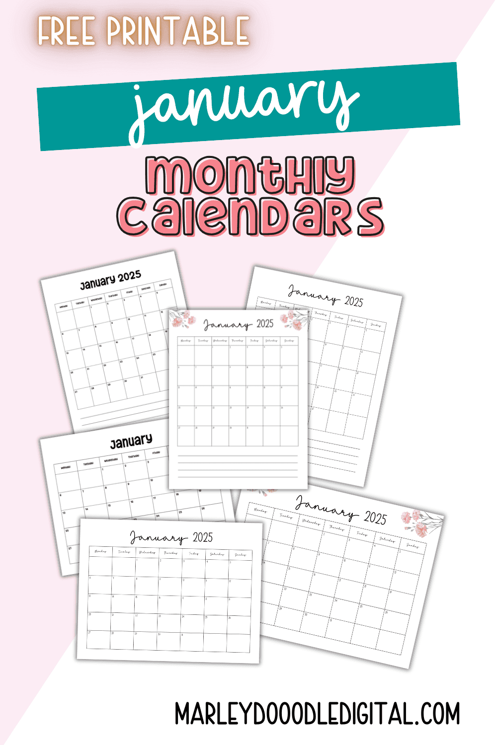 January Monthly Calendar Printables 2025 - Marley Doodle Digital