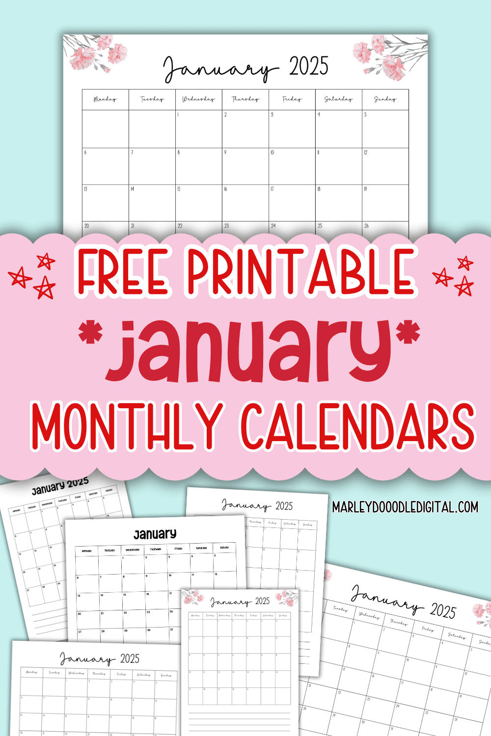 January Monthly Calendar Printables 2025 - Marley Doodle Digital