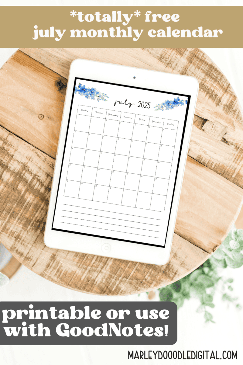 July Monthly Calendar Printables - Marley Doodle Digital