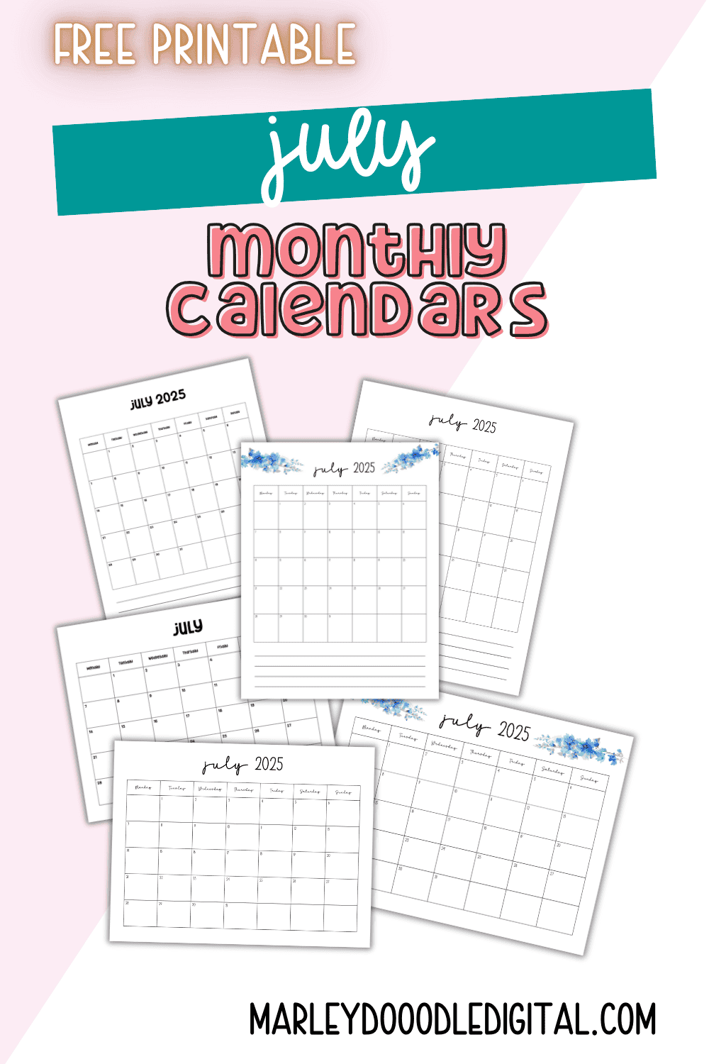 July Monthly Calendar Printables - Marley Doodle Digital