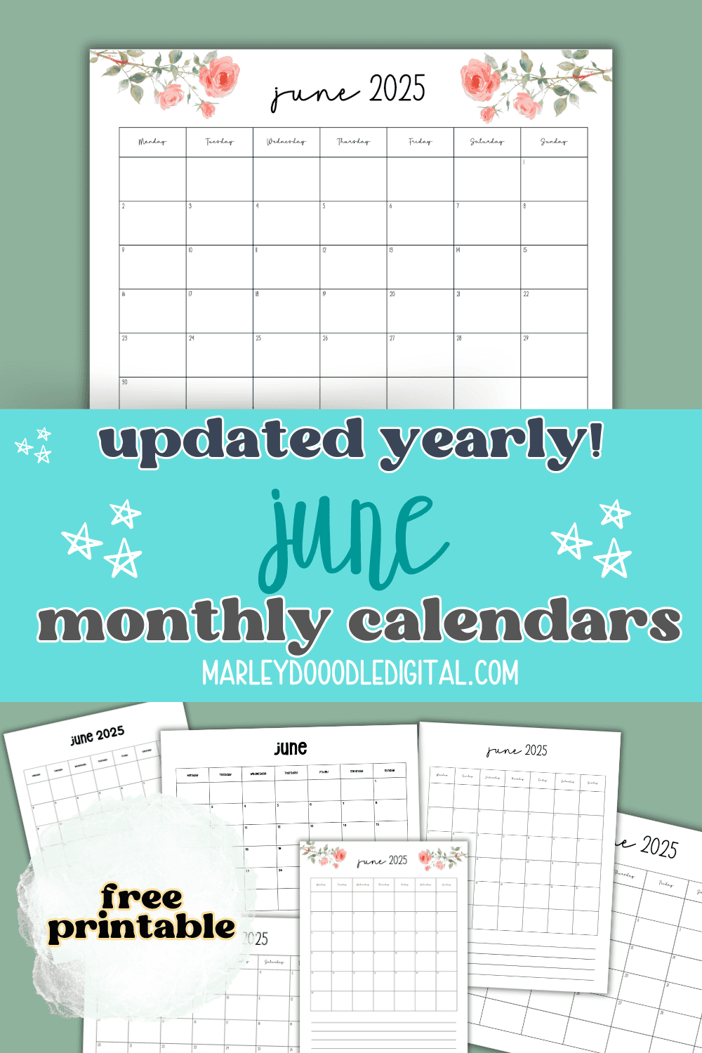 June Monthly Calendar Printables - Marley Doodle Digital