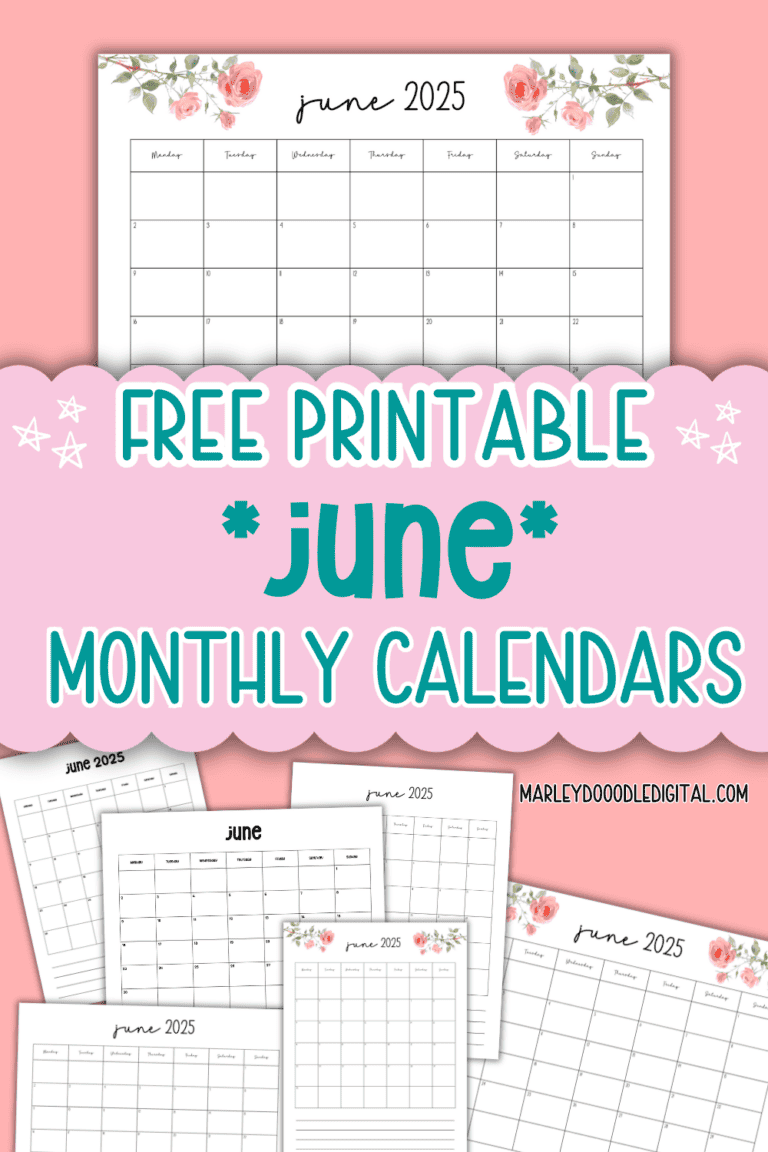 June Monthly Calendar Printables - Marley Doodle Digital