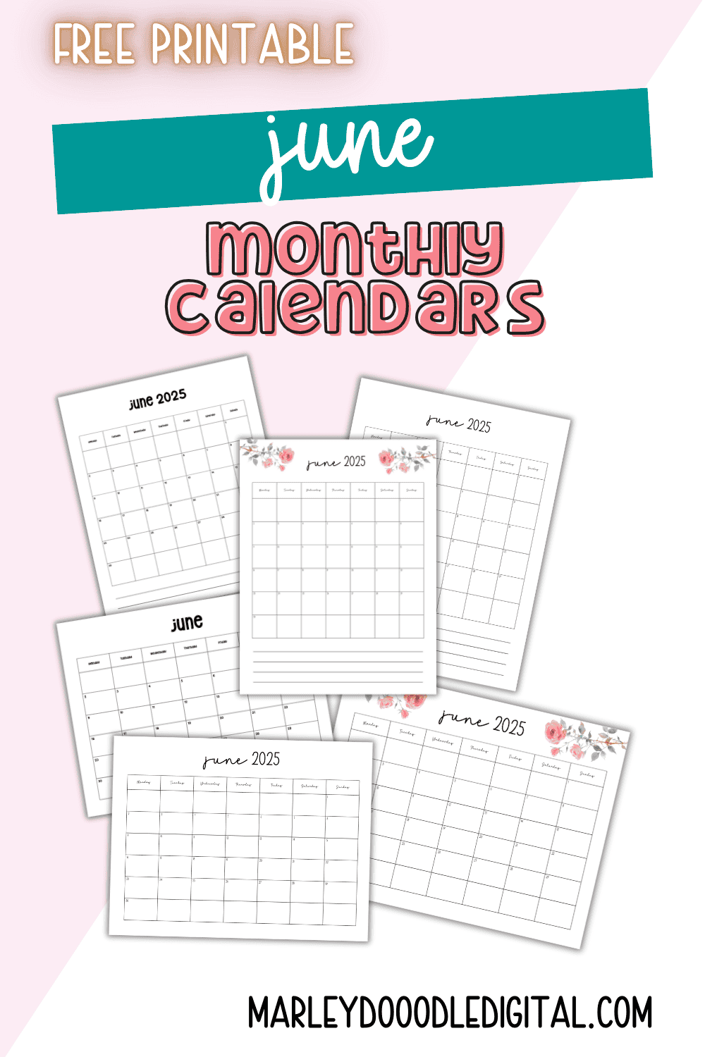 June Monthly Calendar Printables - Marley Doodle Digital
