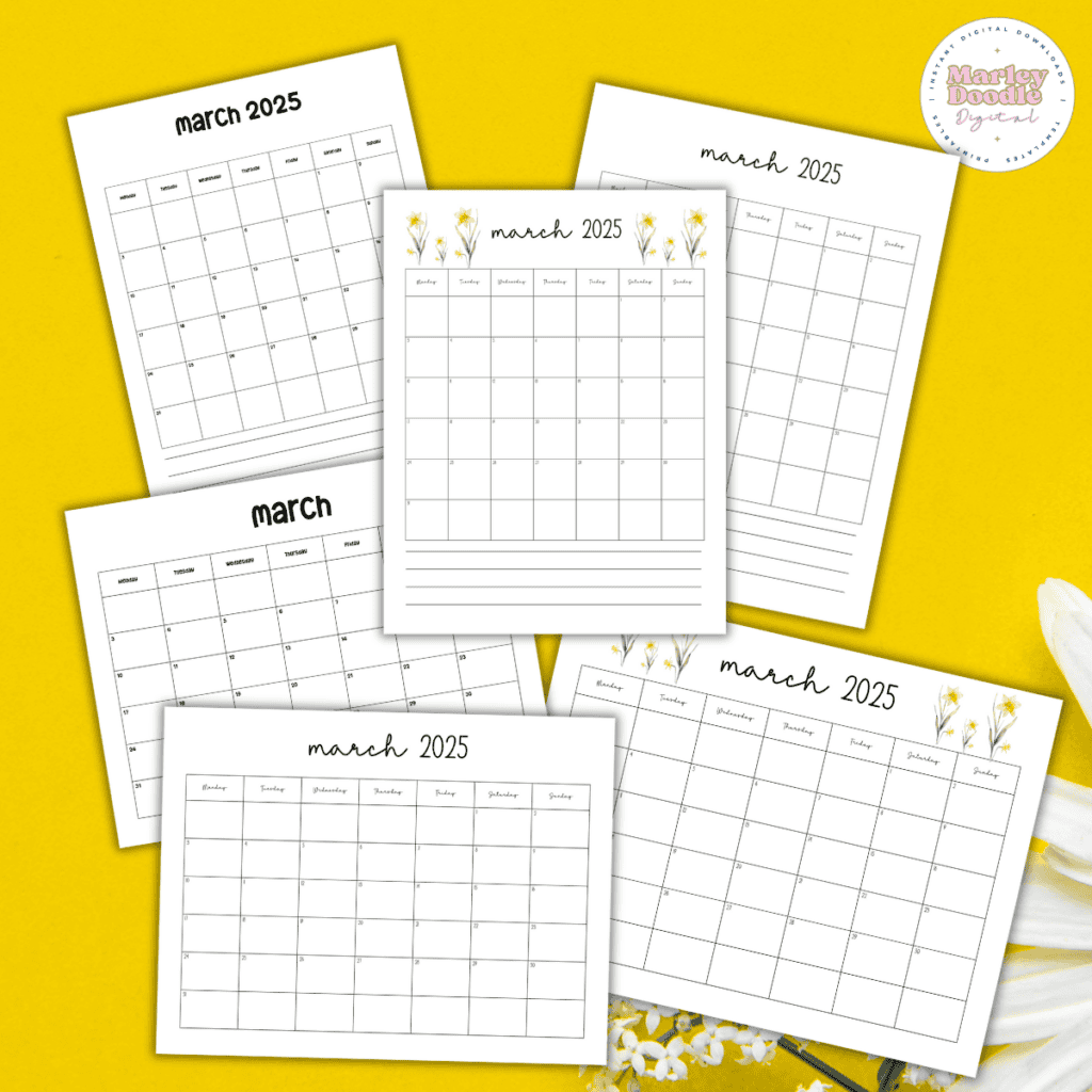 March Monthly Calendar Printables - Marley Doodle Digital