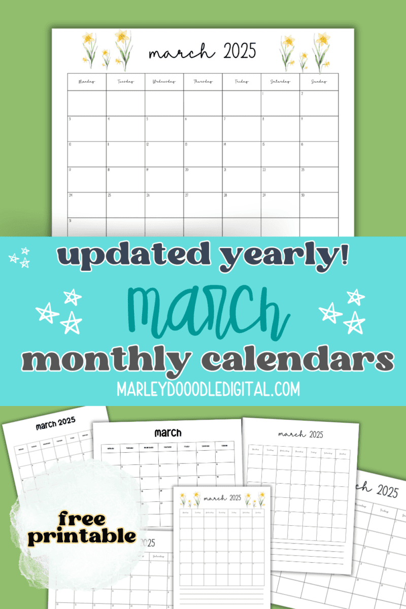 March Monthly Calendar Printables - Marley Doodle Digital