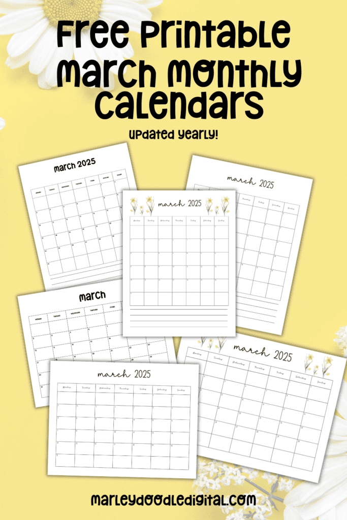 March Monthly Calendar Printables - Marley Doodle Digital