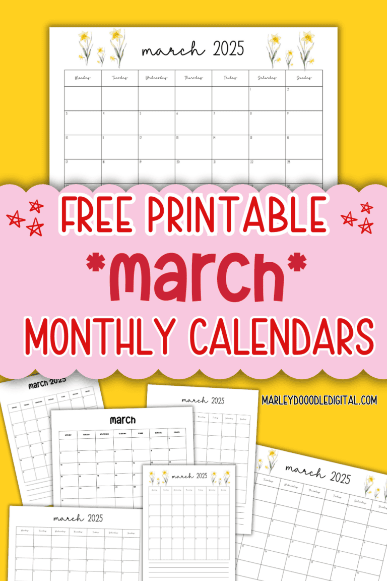March Monthly Calendar Printables - Marley Doodle Digital