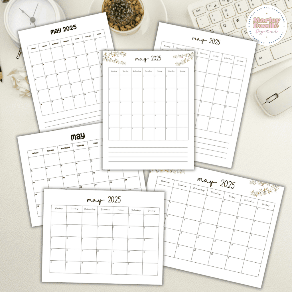May Monthly Calendar Printables - Marley Doodle Digital