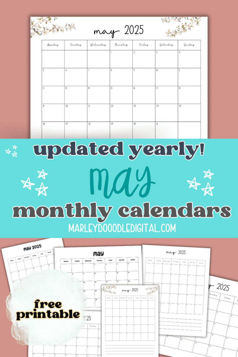 May Monthly Calendar Printables - Marley Doodle Digital