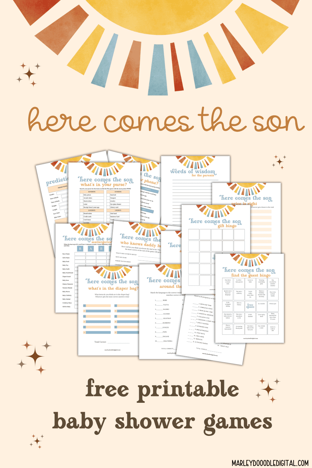 17+ Free Printable Here Comes the Son Baby Shower Games - Marley Doodle ...