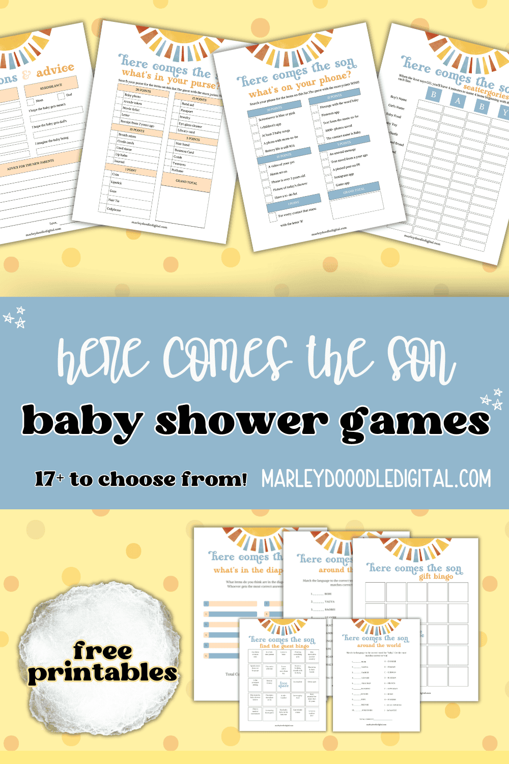 17+ Free Printable Here Comes the Son Baby Shower Games - Marley Doodle ...