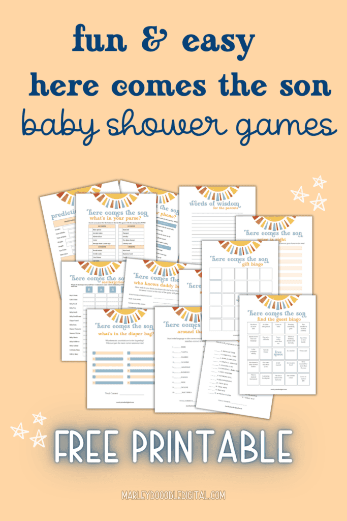 17+ Free Printable Here Comes the Son Baby Shower Games - Marley Doodle ...