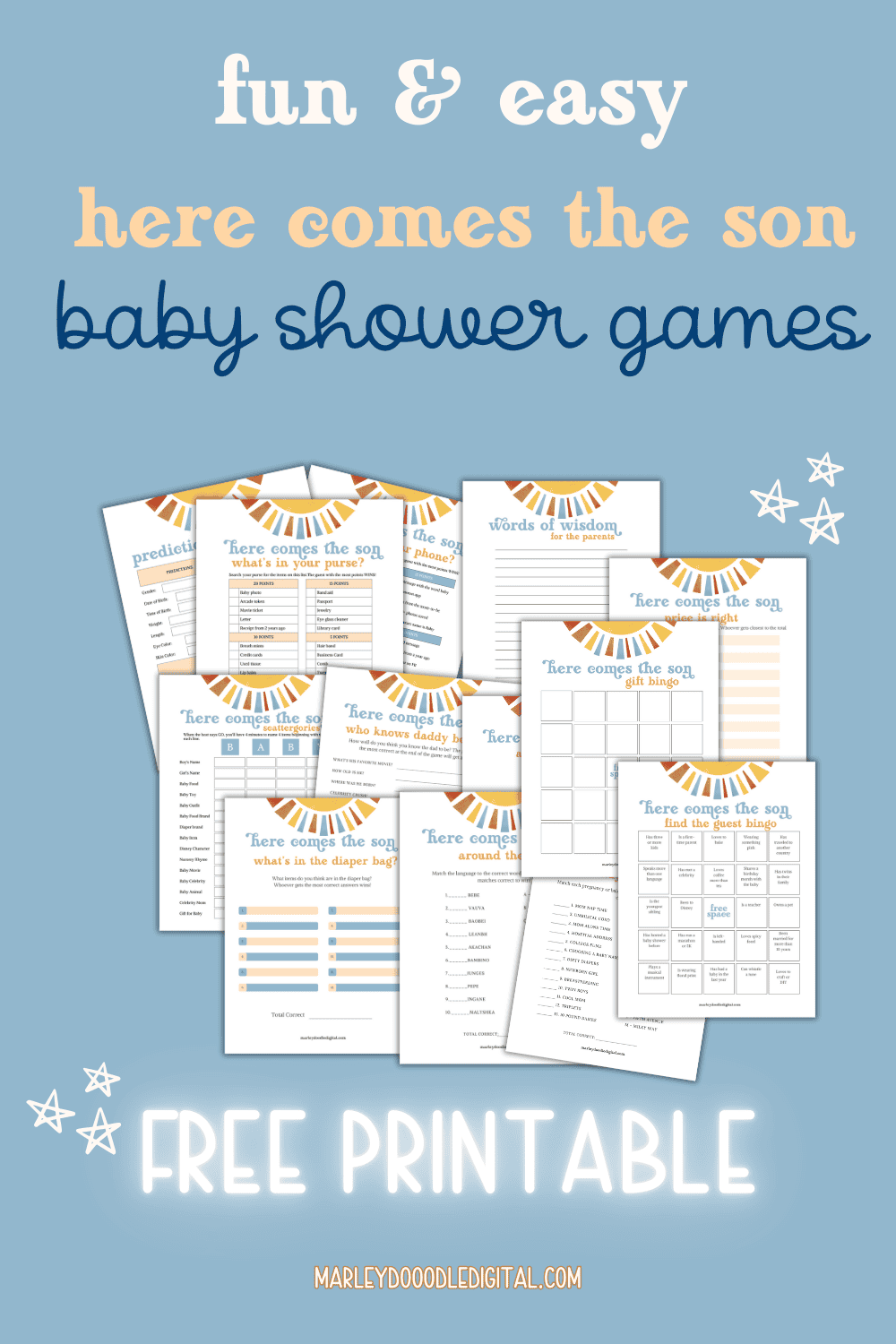 17+ Free Printable Here Comes the Son Baby Shower Games - Marley Doodle ...