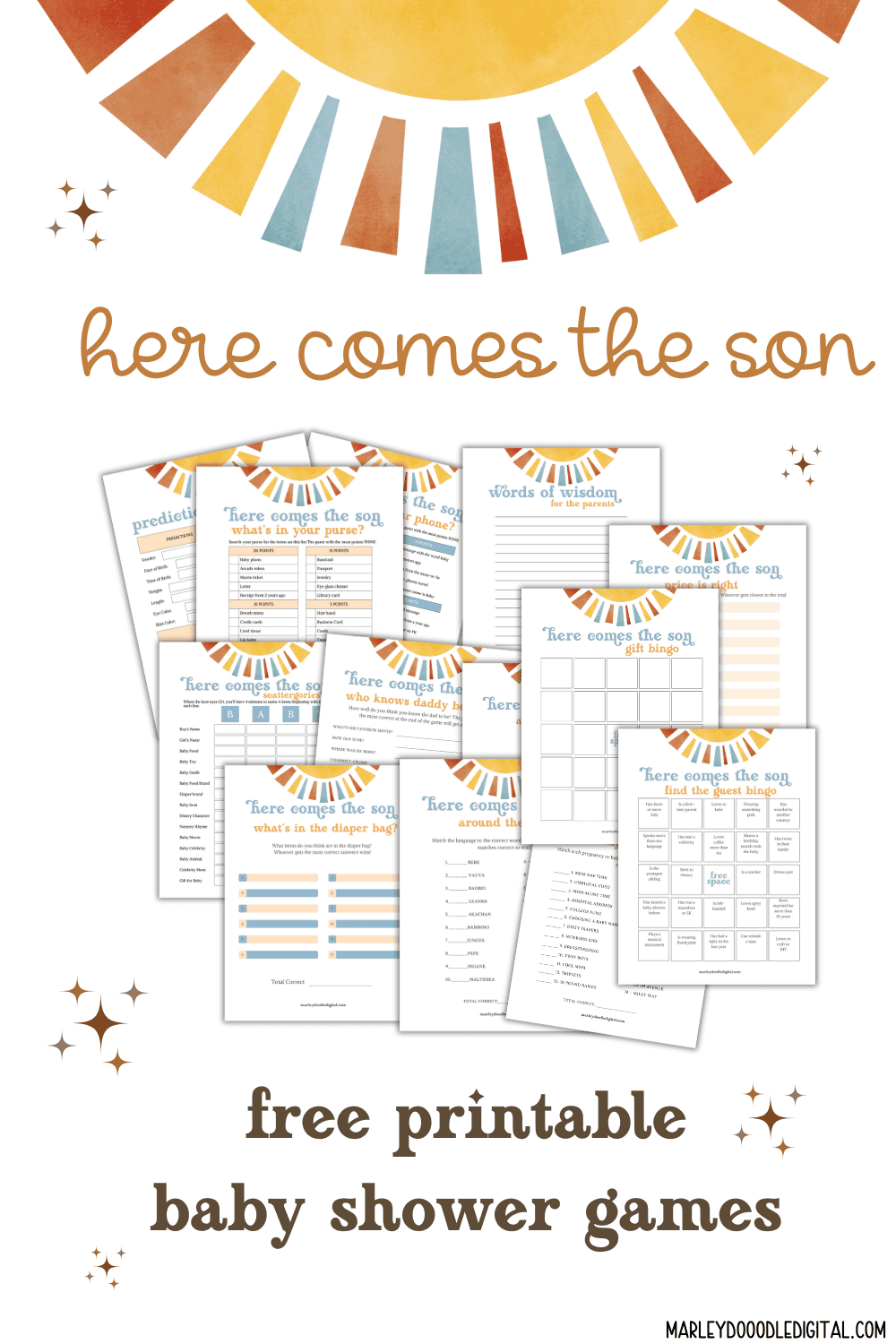 17+ Free Printable Here Comes the Son Baby Shower Games - Marley Doodle ...