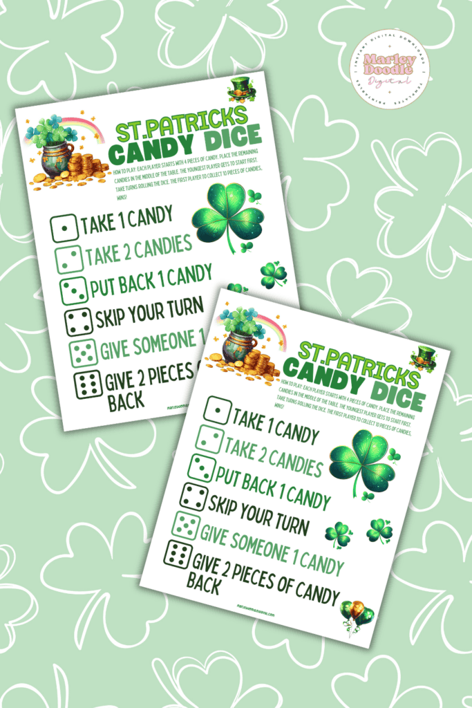 St. Patrick's Day Candy Dice Game (Free Printable) - Marley Doodle Digital