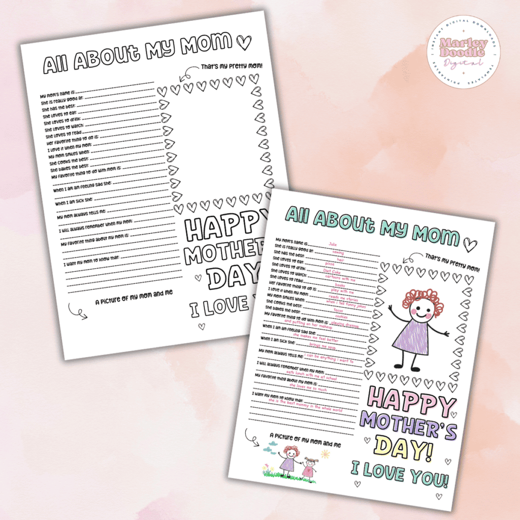 Free Printable All About My Mom Mother’s Day Worksheet - Marley Doodle ...