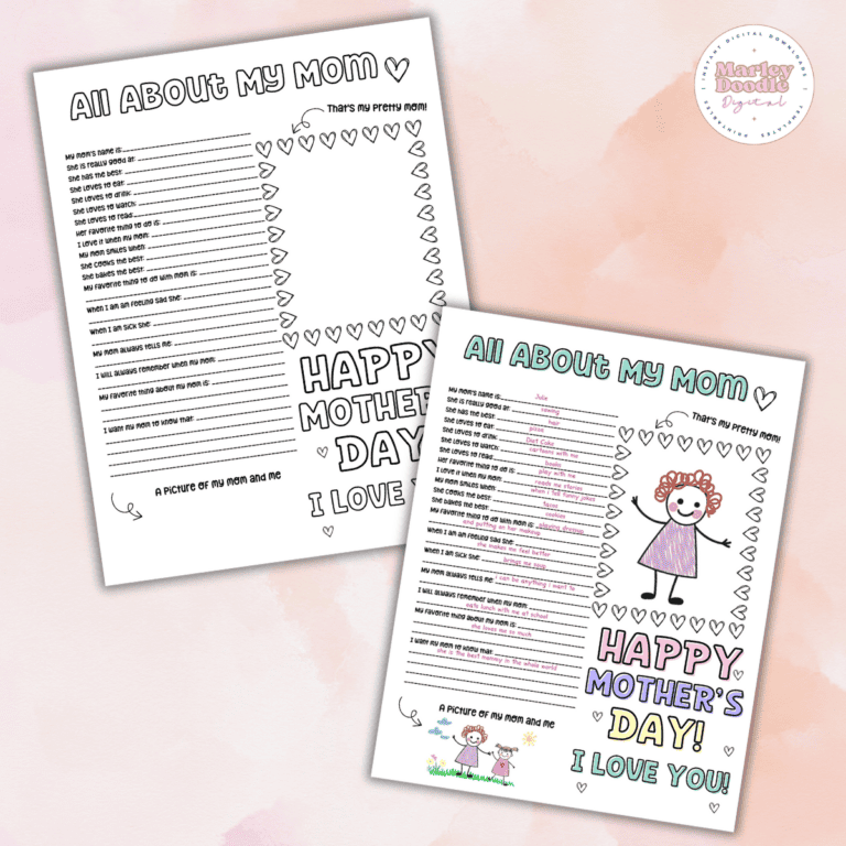 Free Printable All About My Mom Mother’s Day Worksheet - Marley Doodle ...