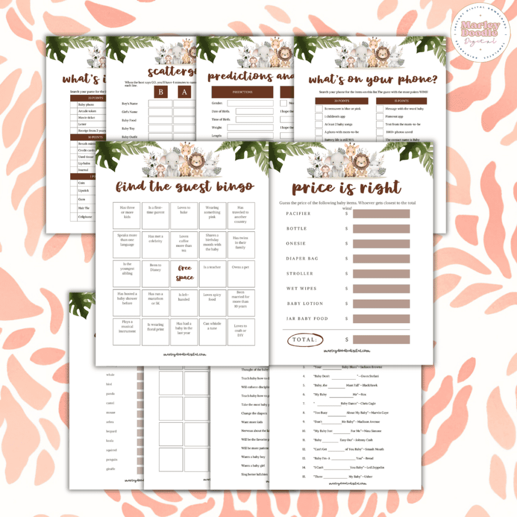 18+ Free Printable Safari Baby Shower Games - Marley Doodle Digital