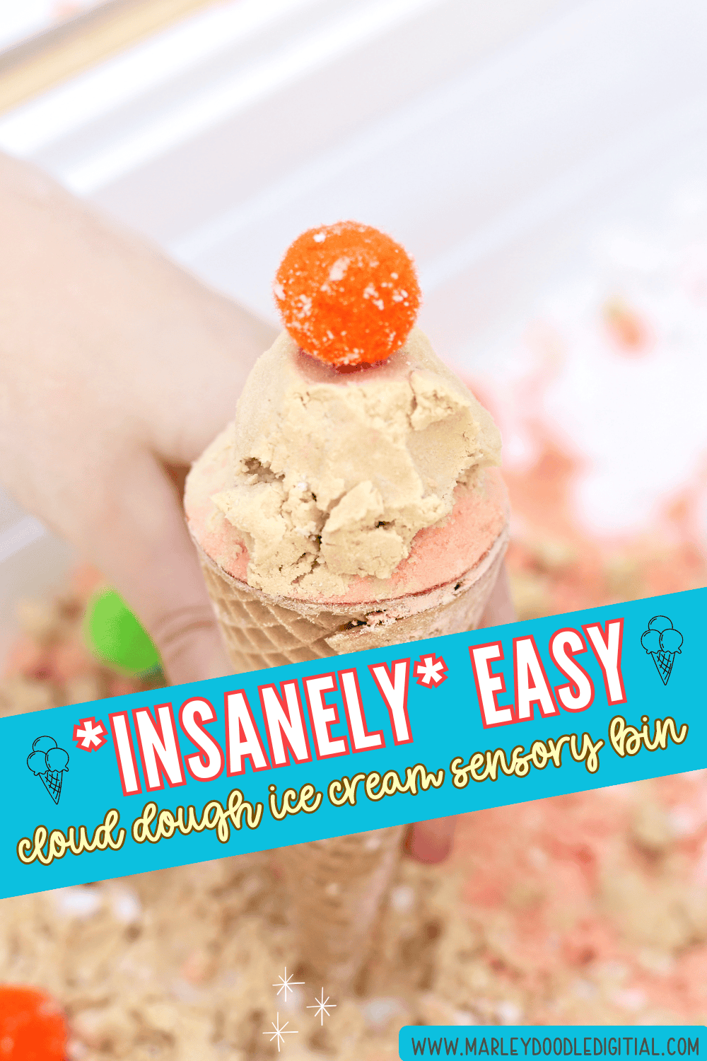Homemade Cloud Dough Ice Cream Sensory Bin - Marley Doodle Digital