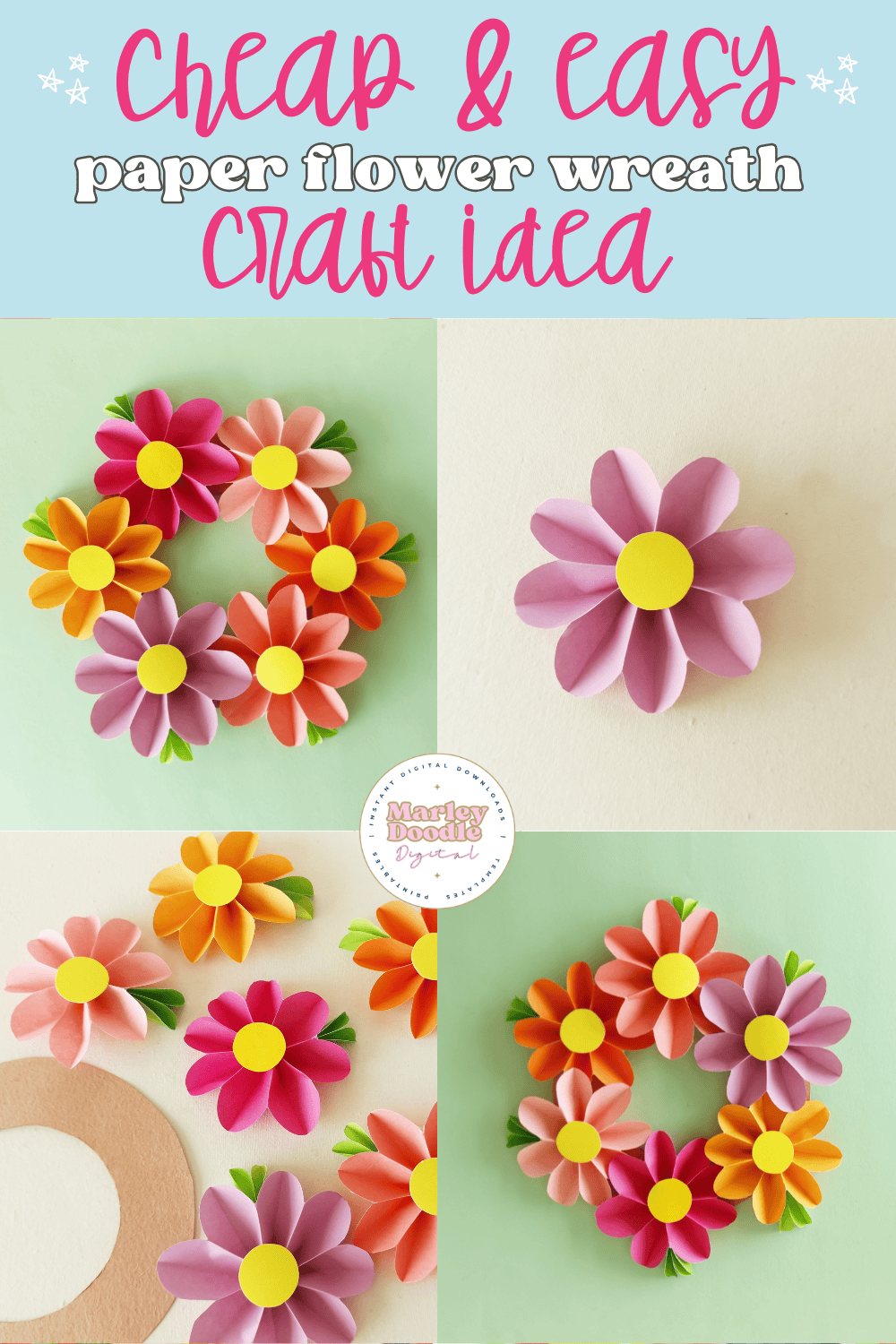 Easy Paper Flower Wreath Craft for Kids - Marley Doodle Digital