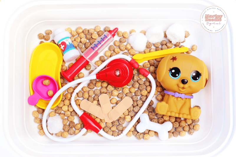 Easy DIY Toy Vet Clinic Sensory Bin for Kids - Marley Doodle Digital