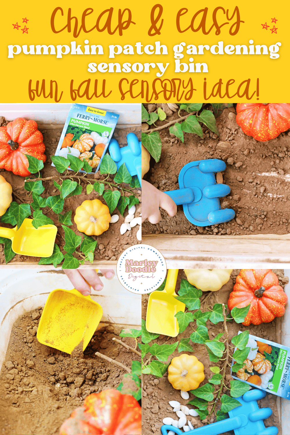 Pumpkin Patch Gardening Sensory Bin - Marley Doodle Digital