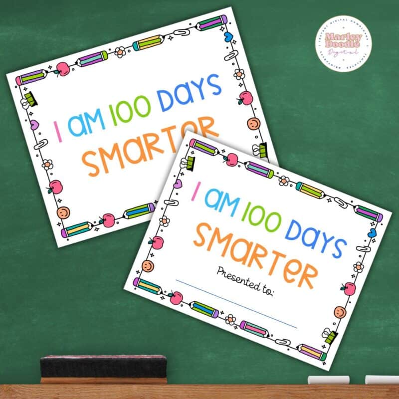 100 Days Smarter Certificates (Free Printables) - Marley Doodle Digital